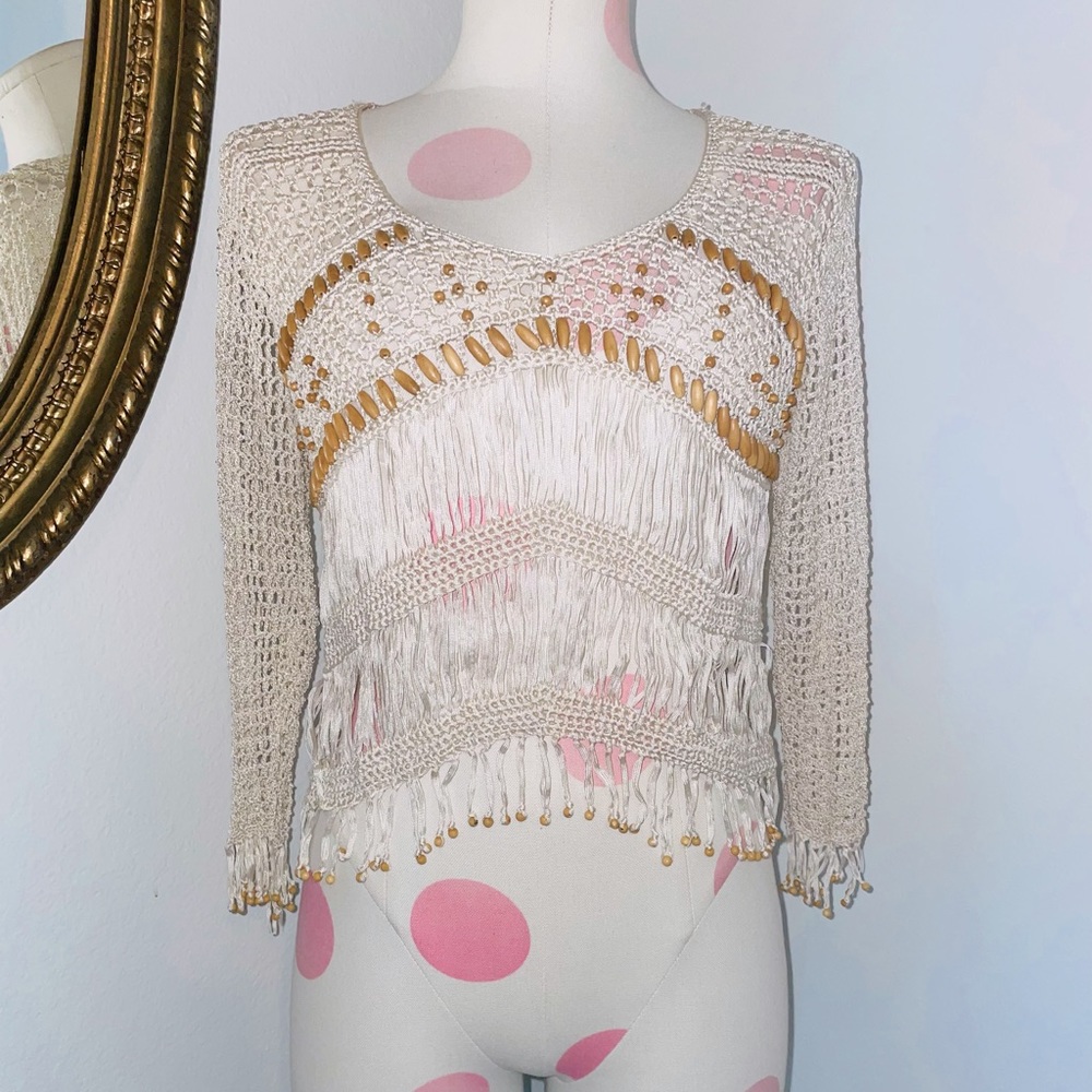 Vintage Cream Woven / Crochet Top Fringe & Beaded - Gem